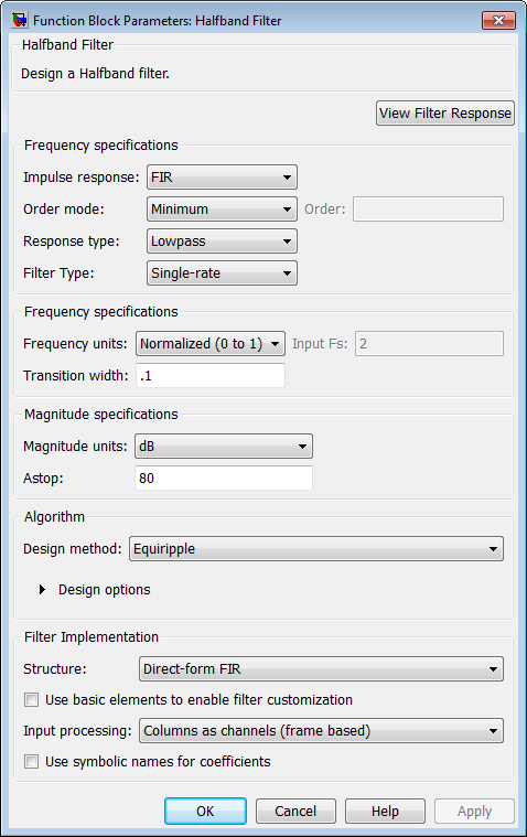 Halfband Filter (Obsolete) - (Removed) Design halfband filter - Simulink