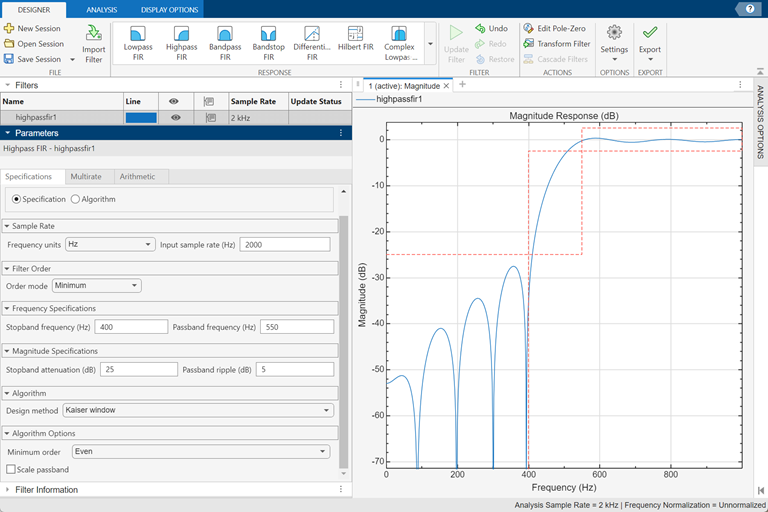 Highpass FIR - Design highpass finite impulse response filter - MATLAB