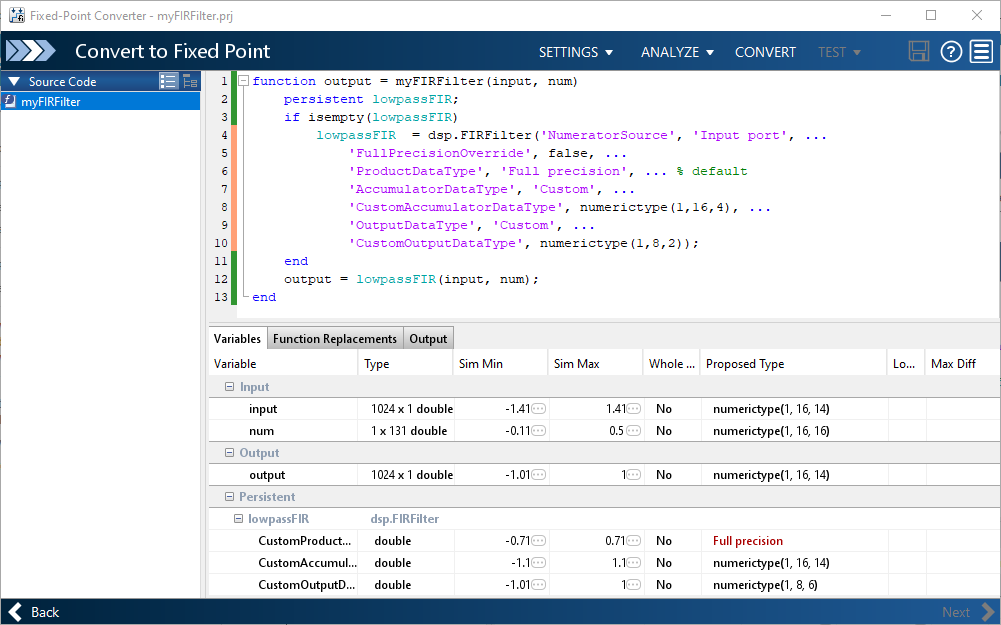 Convert Dspfirfilter Object To Fixed Point Using The Fixed Point Converter App Matlab And Simulink