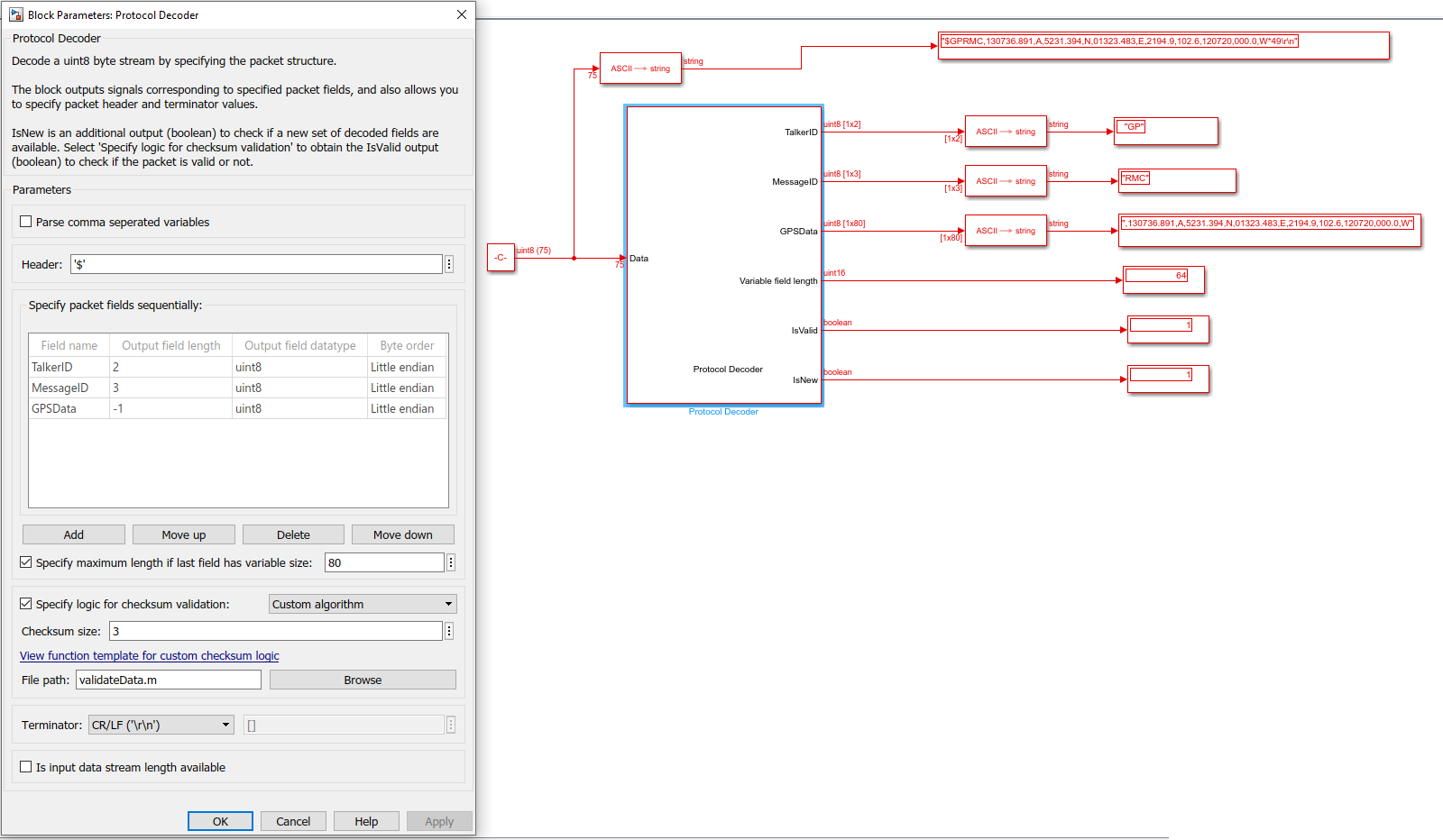 Protocol Decoder - Decode a uint8 byte stream by specifying the packet structure - Simulink