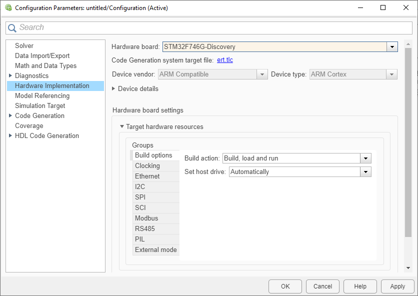 Model Configuration Parameters For Stmicroelectronics Stm32f746g Discovery Board Matlab And Simulink