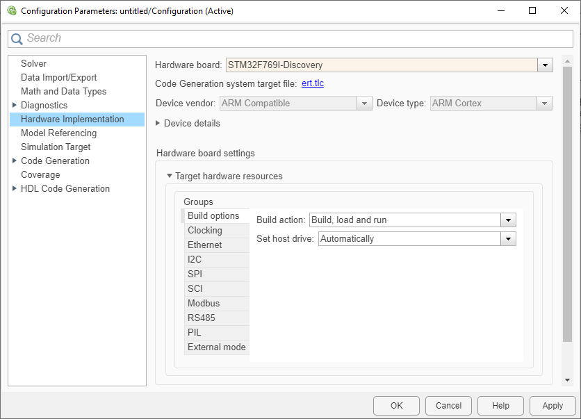 Model Configuration Parameters for STMicroelectronics STM32F769I-Discovery Board - MATLAB & Simulink