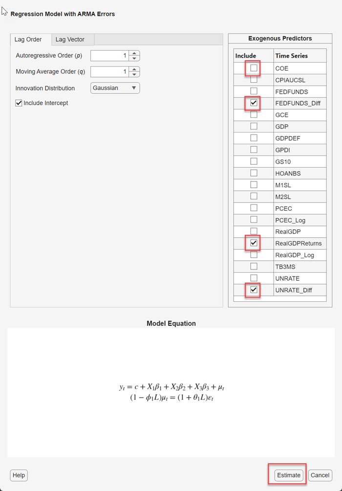 Estimate Regression Model With Arma Errors Using Econometric Modeler App Matlab And Simulink 3519