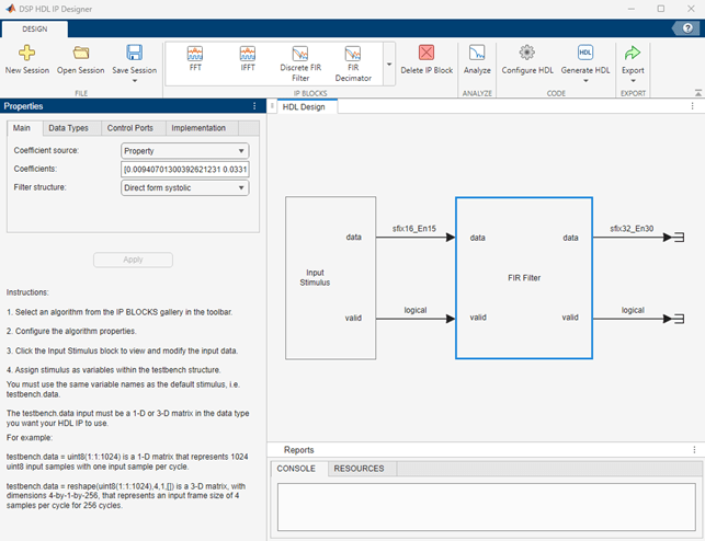Generate HDL for Preconfigured Algorithm with DSP HDL IP Designer App - MATLAB & Simulink