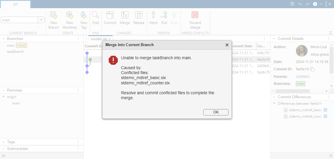 Make Changes and Merge Git Local Branch - MATLAB & Simulink