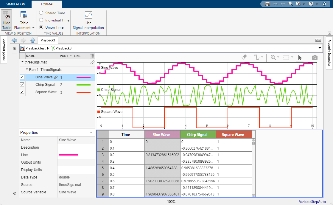 View Table of Data in Playback Block - MATLAB & Simulink