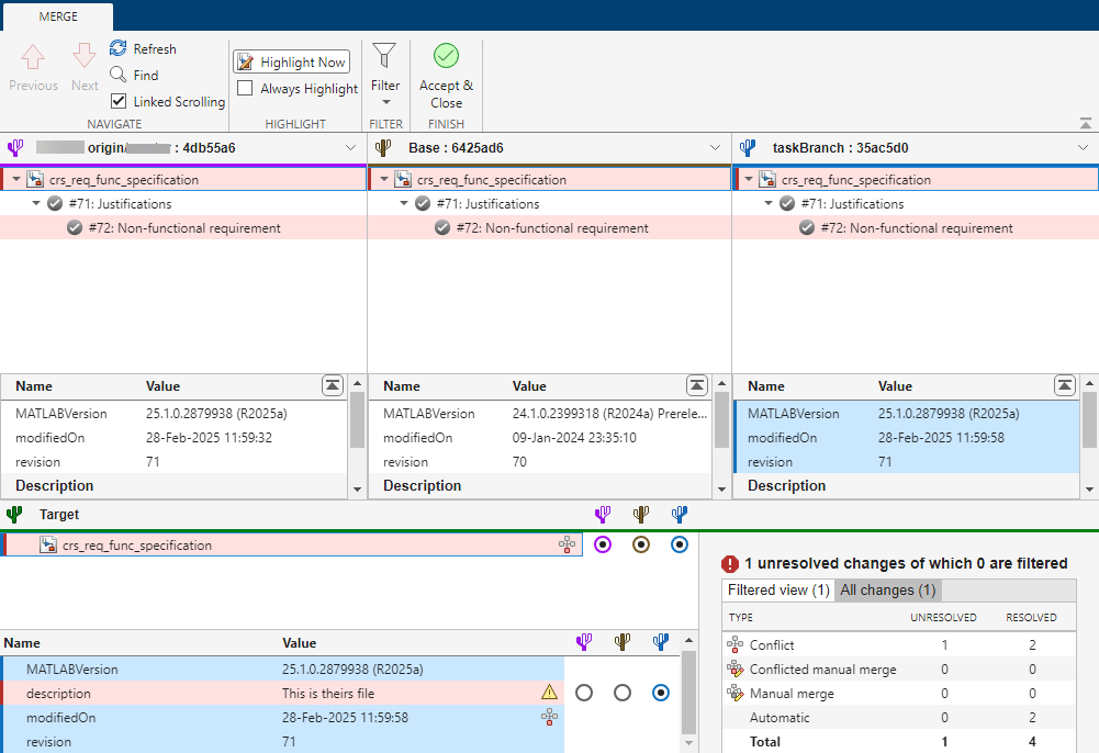 Resolve Conflicts in Requirements Using Three-Way Merge - MATLAB & Simulink Example