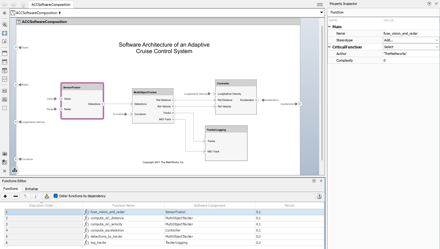 Author Functions for Software Components of Adaptive Cruise Control - MATLAB & Simulink