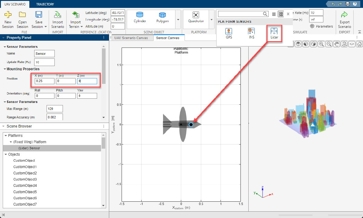 Design UAV scenarios with terrain, platforms, and sensors - MATLAB