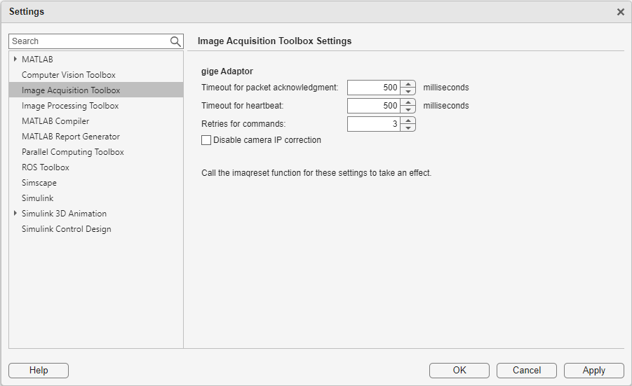 Additional GigE Vision Setup Options - MATLAB & Simulink