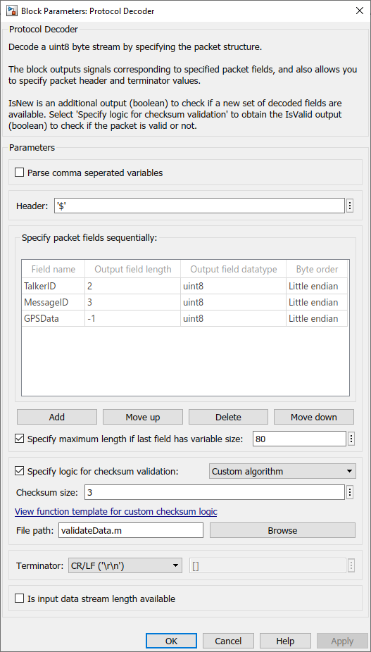 Protocol Decoder - Decode a uint8 byte stream by specifying the packet structure - Simulink