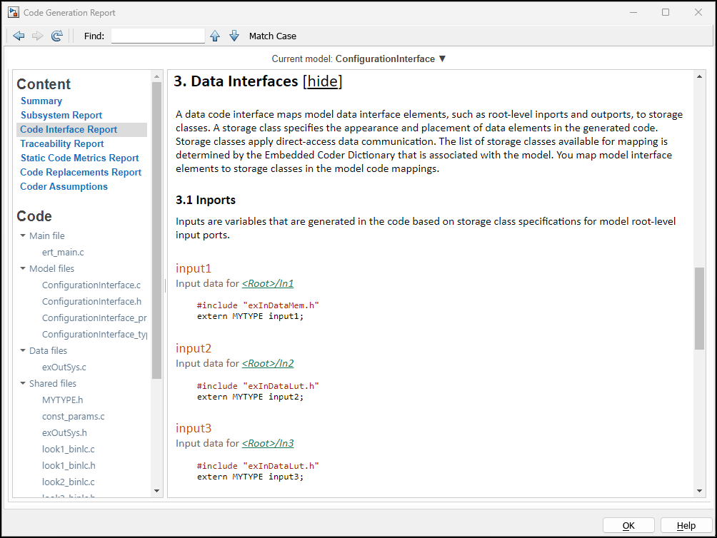 Analyze Generated Data Code Interface Report - MATLAB & Simulink