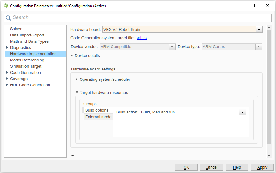 Model Configuration Parameters for VEX EDR V5 Robot Brain - MATLAB & Simulink