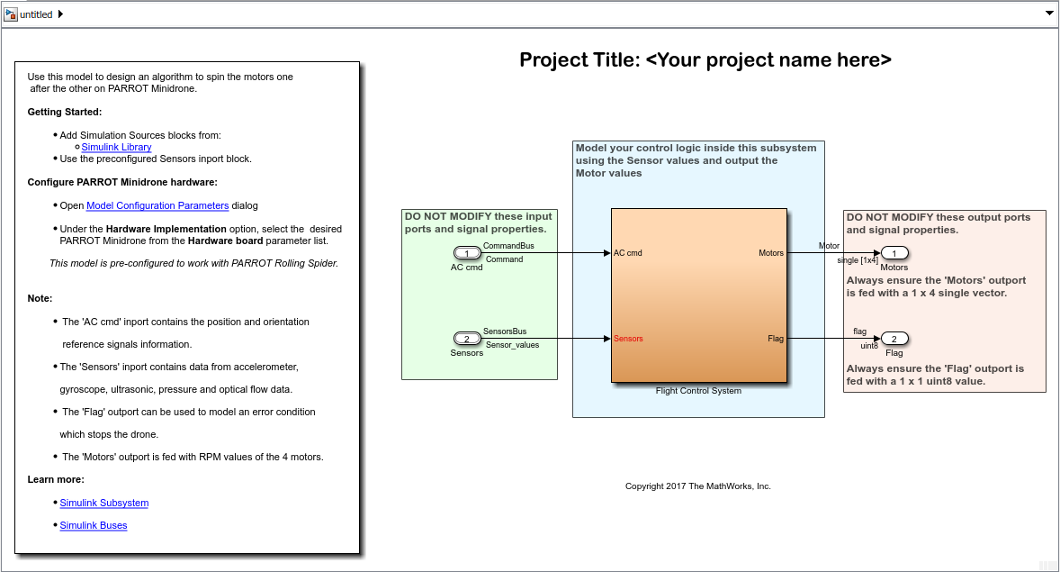 Code Generation Simulink Template for Parrot Minidrone - MATLAB & Simulink