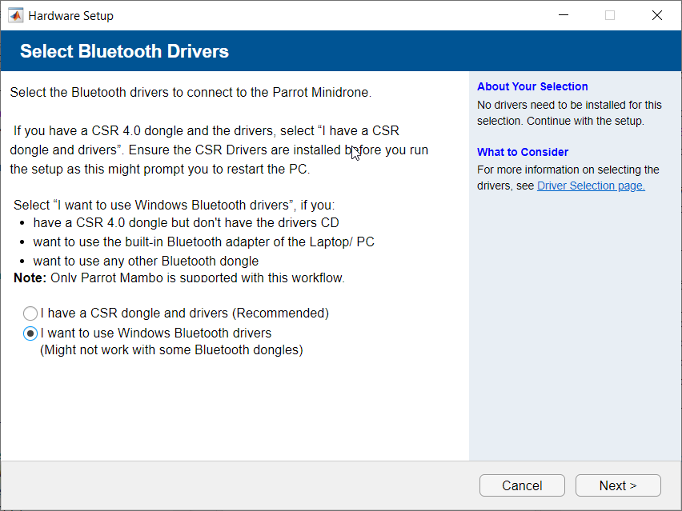 Start Setup Screen And Select Windows Bluetooth Drivers Matlab And Simulink