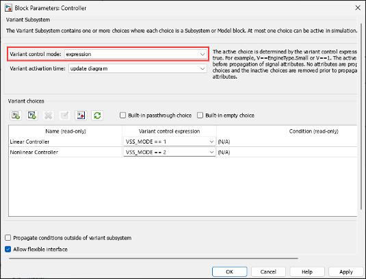 Variant Control Modes In Variant Blocks Matlab And Simulink 8349