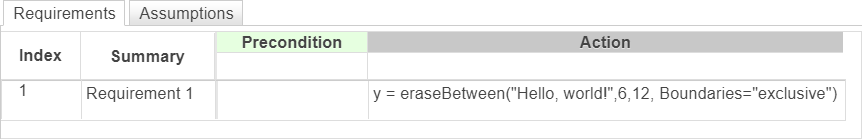eraseBetween - Delete substring between start and end points in Requirements Table block - MATLAB