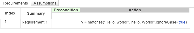 matches - Determine if two strings match in Requirements Table block - MATLAB