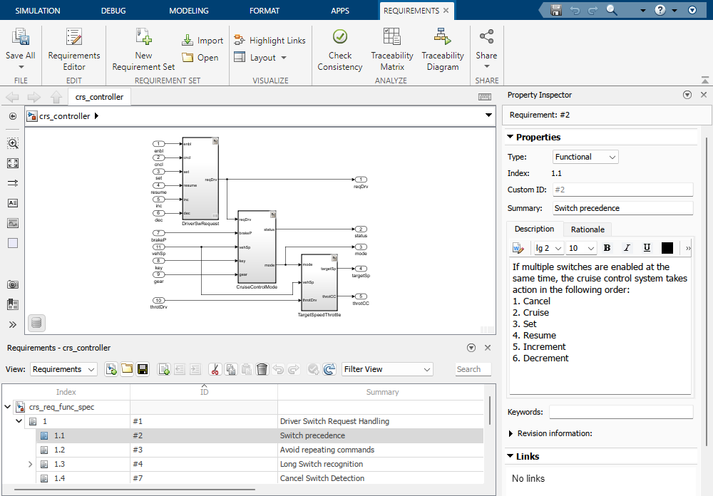 Requirements Manager - Manage requirements and links in model - MATLAB