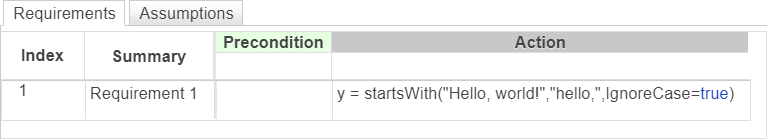 startsWith - Determine if string starts with substring in Requirements Table block - MATLAB
