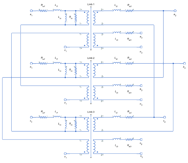 Zigzag-Delta-Wye Transformer - Linear, non-ideal zigzag-delta-wye transformer with three-limb ...