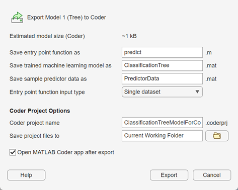Export Classification Model to MATLAB Coder to Generate C/C++ Code - MATLAB & Simulink